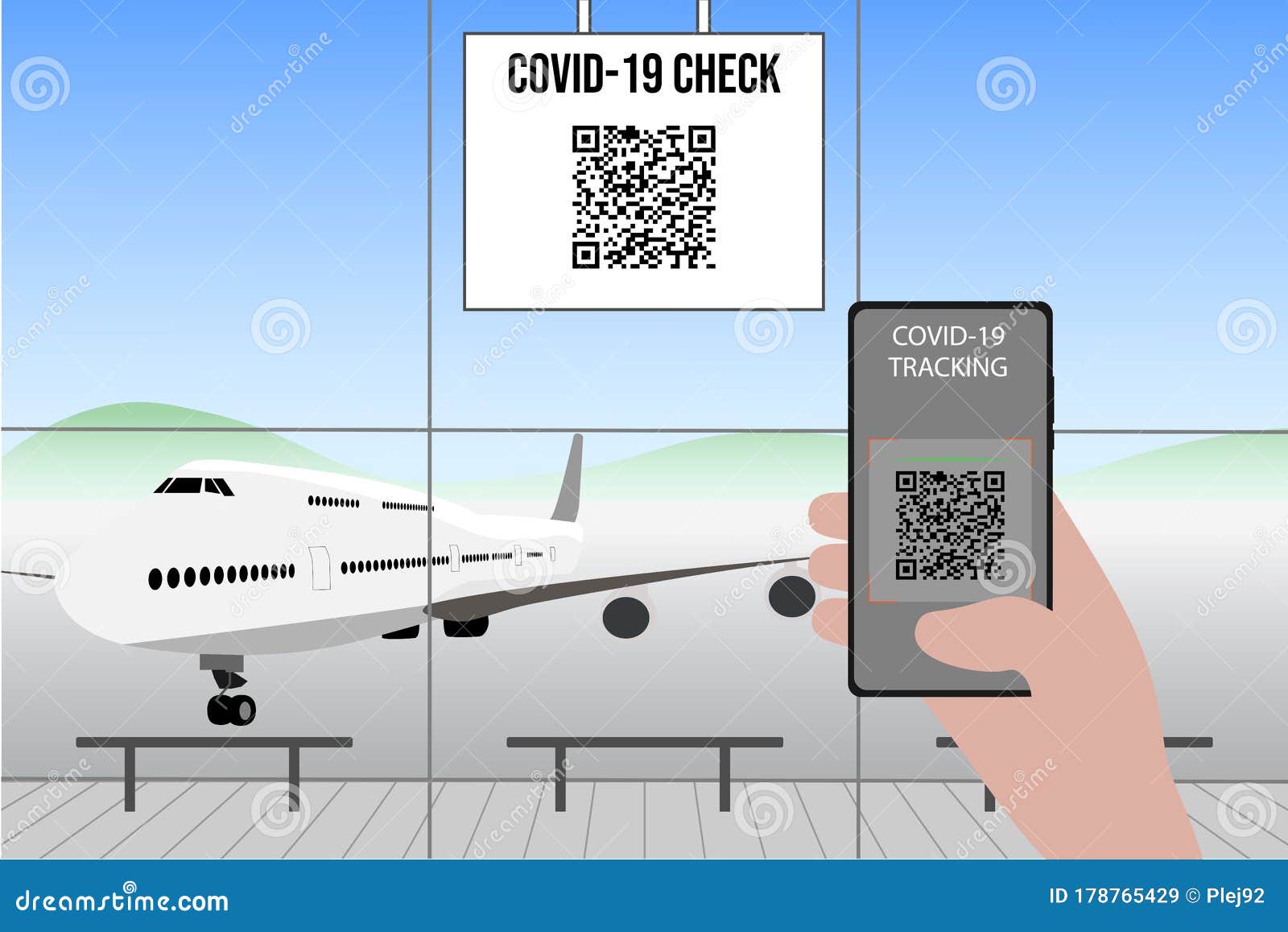 Hand Using Smartphone To Scan Covid-19 Check QR Code in an Airport Hall ...