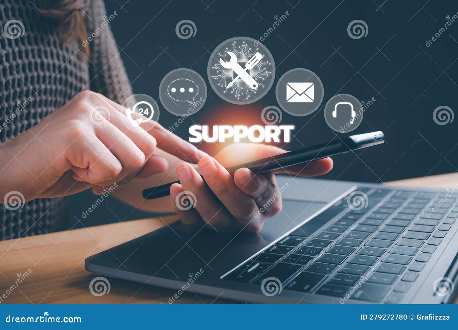 Hand Using Smartphone with VR Screen Support Customer Icon. Technical ...