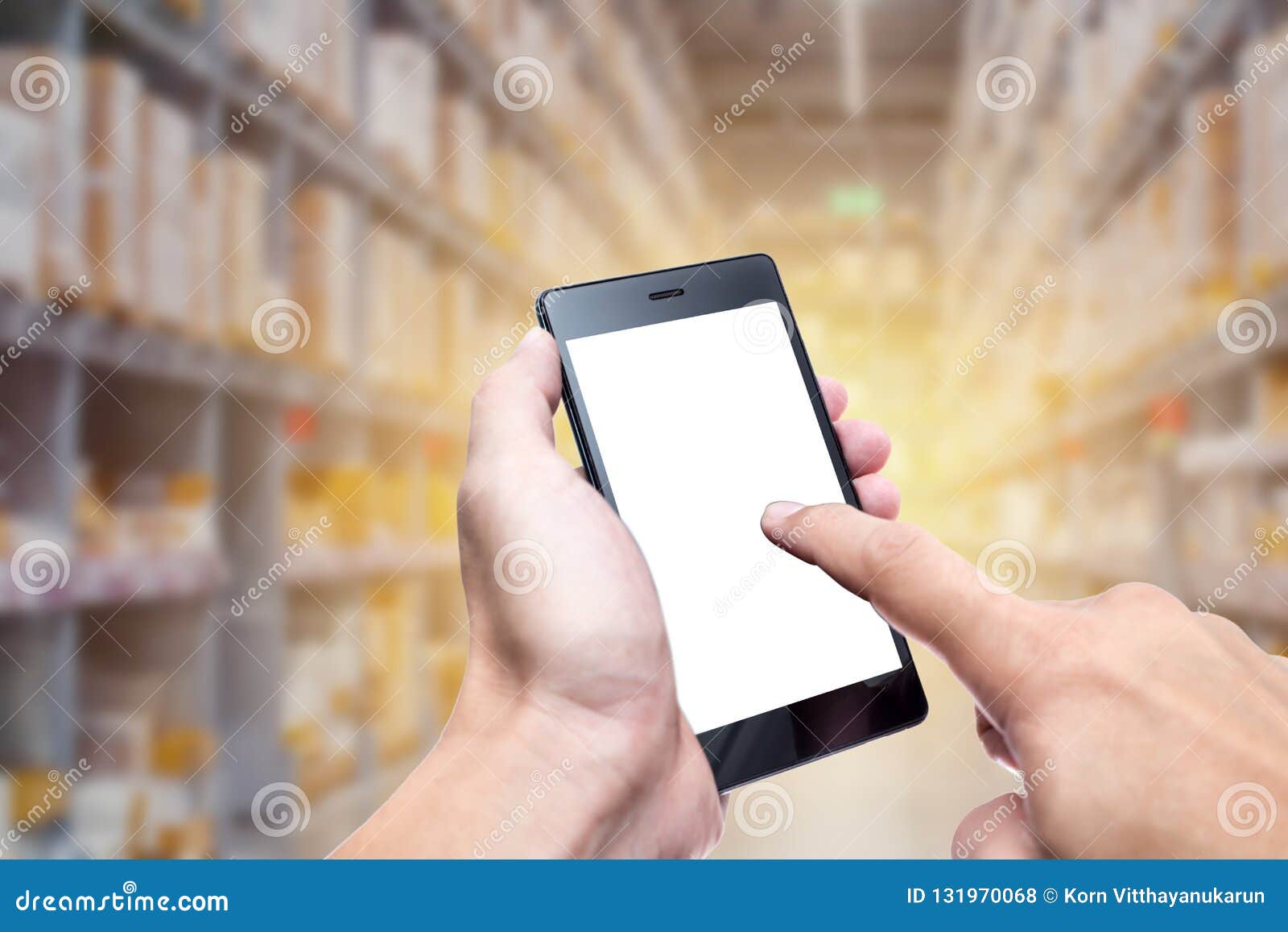 Hand Using Smartphone with Warehouse Inventory Management Technology ...
