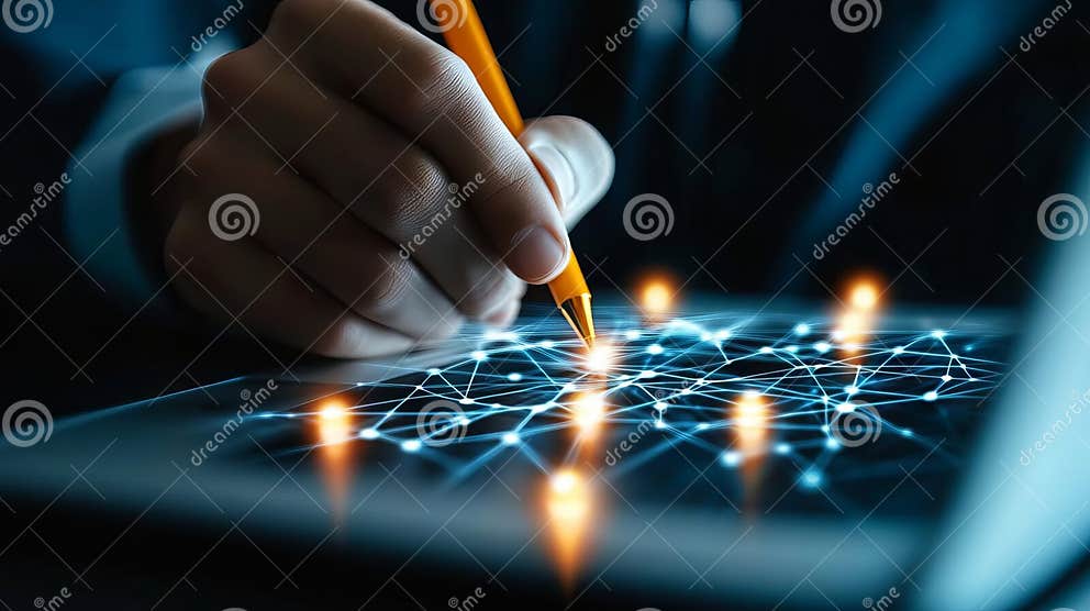 A Hand Using a Stylus on a Digital Tablet with Glowing Connections ...