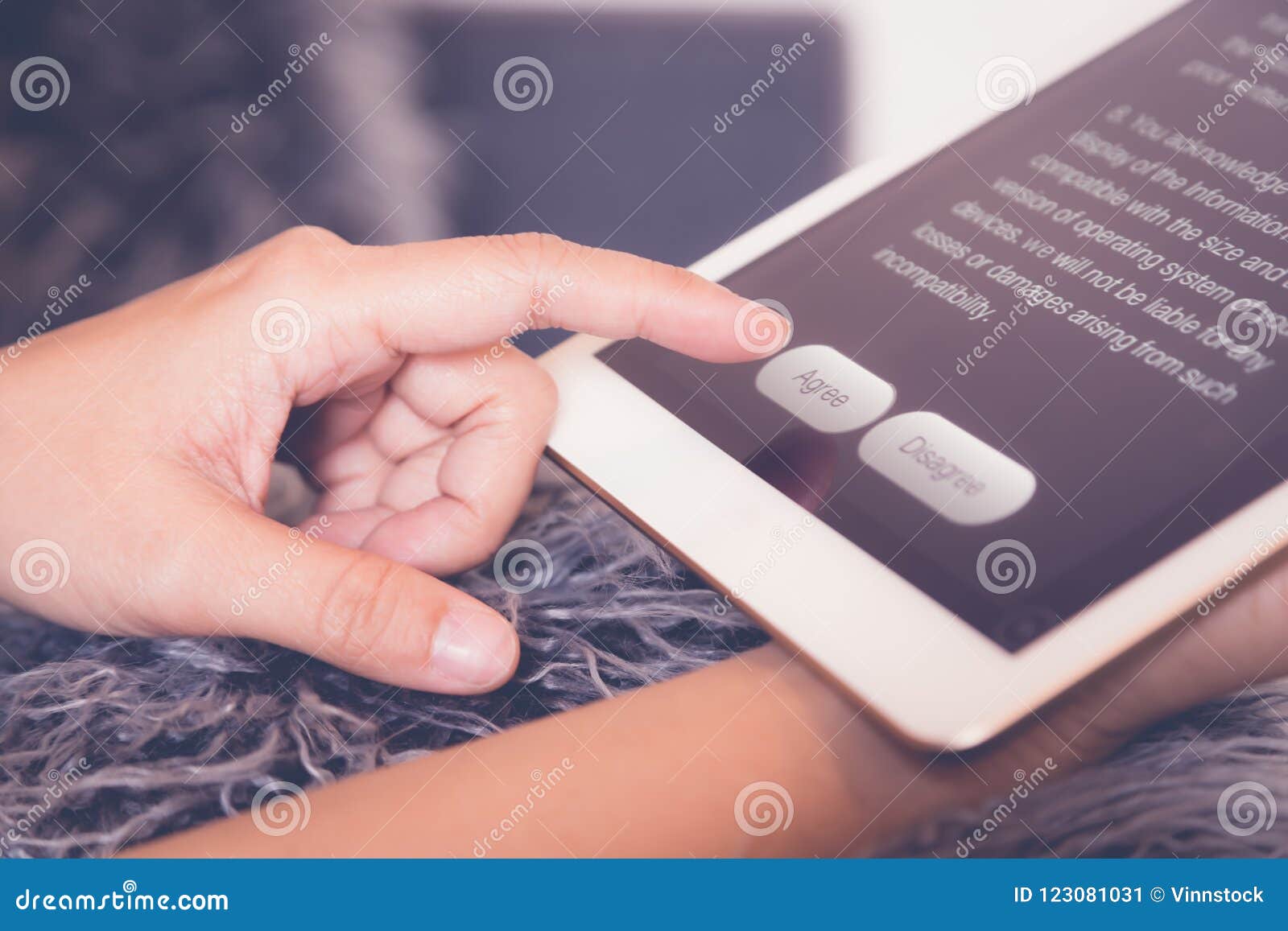 Hand Using Tablet, Agree with Application Information. Stock Image ...