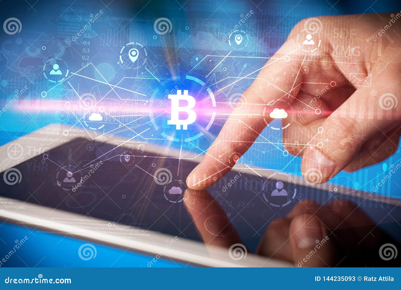Hand Using Tablet with Bitcoin Link Network and Online Concept Stock ...