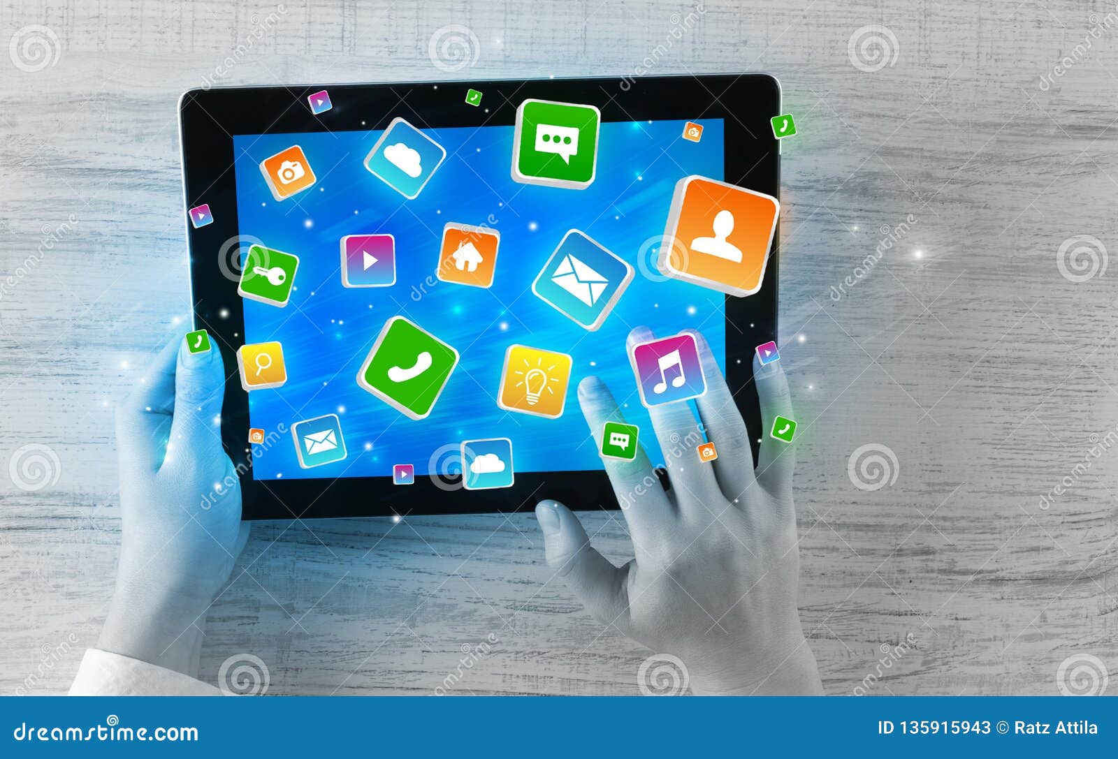 Hand Using Tablet with Bounce Application Symbols Concept Stock Image ...