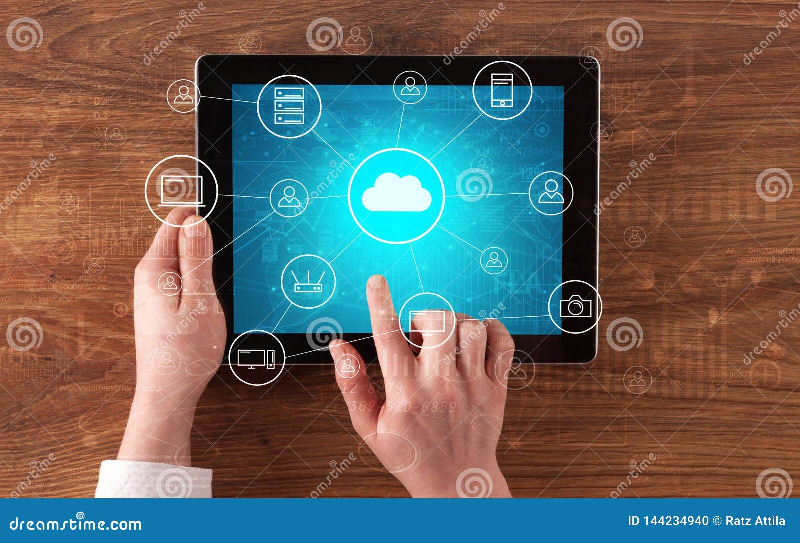 Hand Using Tablet with Centralized Cloud Computing System Concept Stock ...