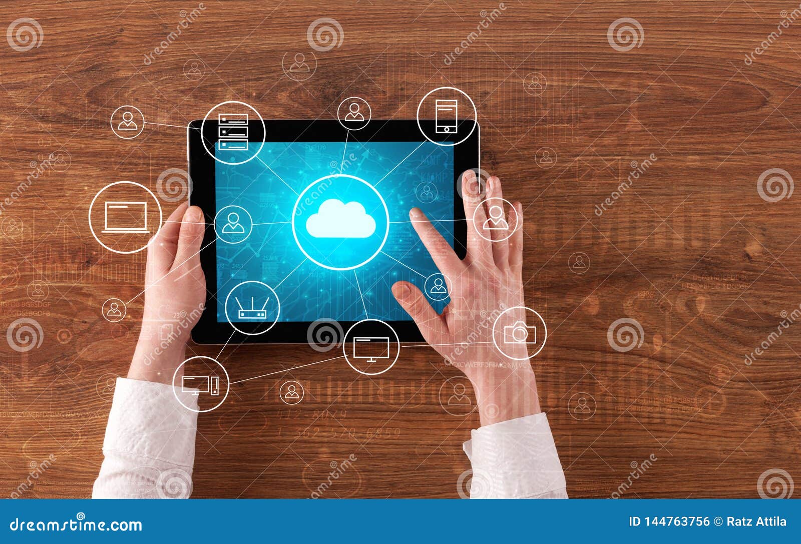 Hand Using Tablet with Centralized Cloud Computing System Concept Stock ...