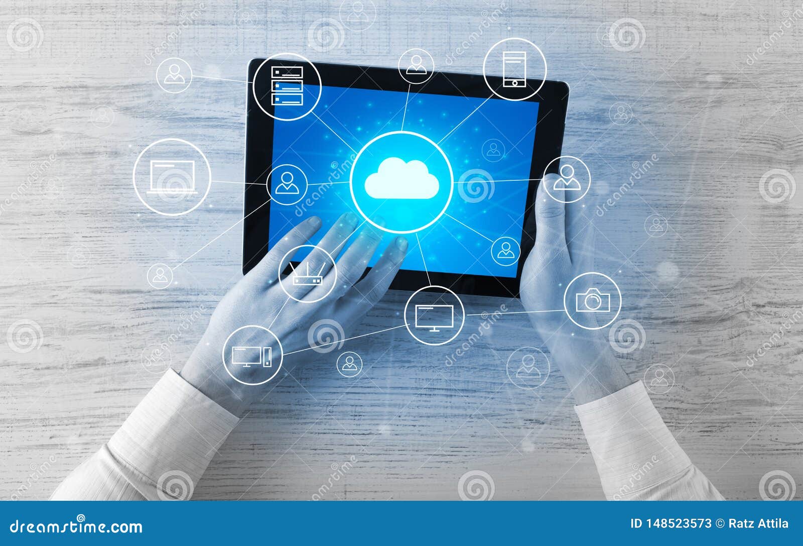 Hand Using Tablet with Centralized Cloud Computing System Concept Stock ...