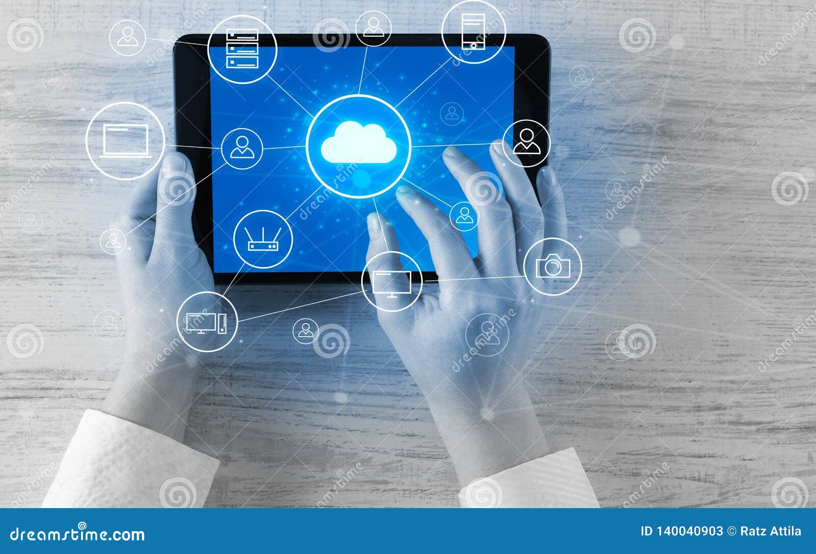 Hand Using Tablet with Centralized Cloud Computing System Concept Stock ...