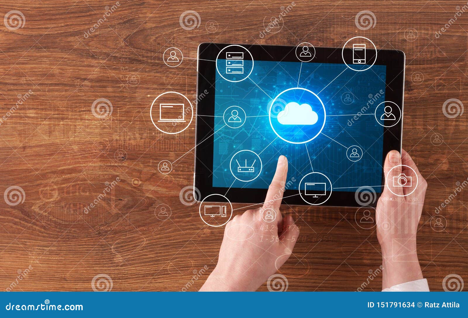Hand Using Tablet with Centralized Cloud Computing System Concept Stock ...