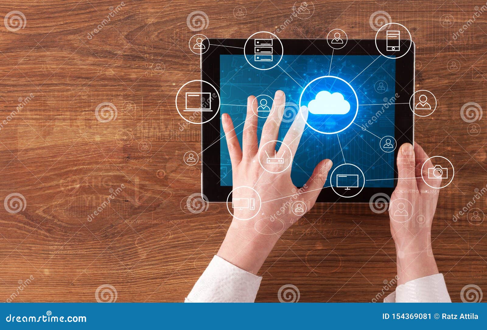 Hand Using Tablet with Centralized Cloud Computing System Concept Stock ...