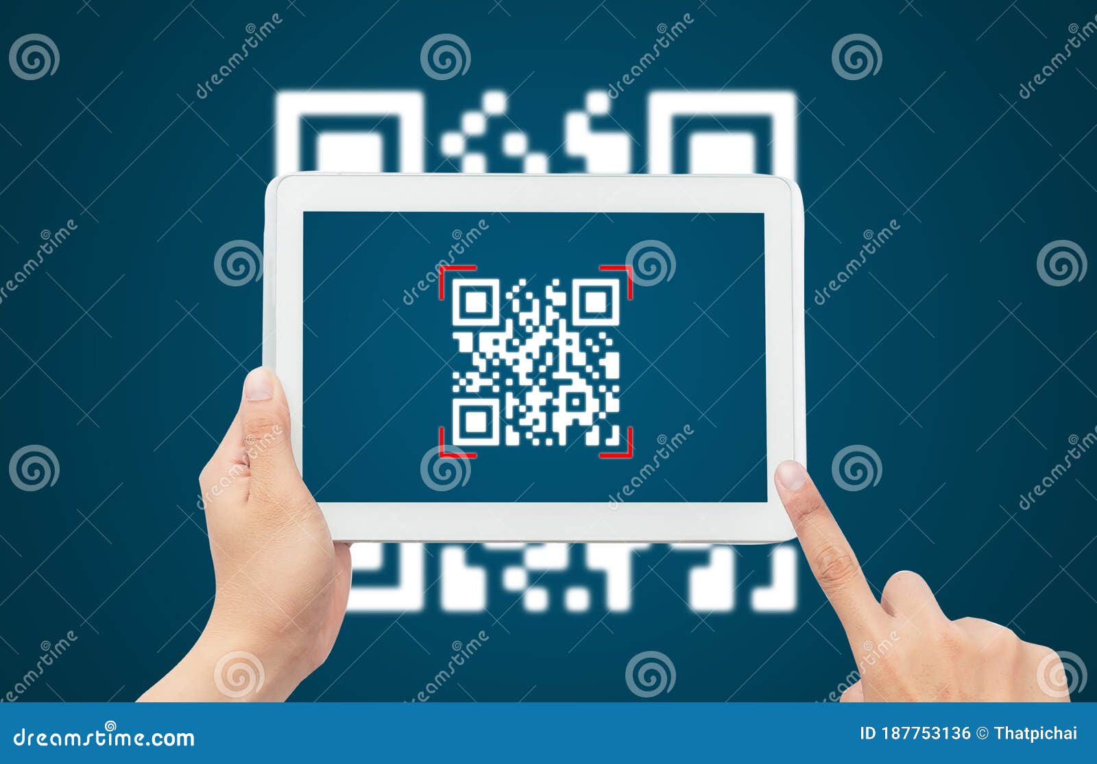 Hand Using Tablet Computer Scan Qr Code on Blue Background. Stock Photo ...