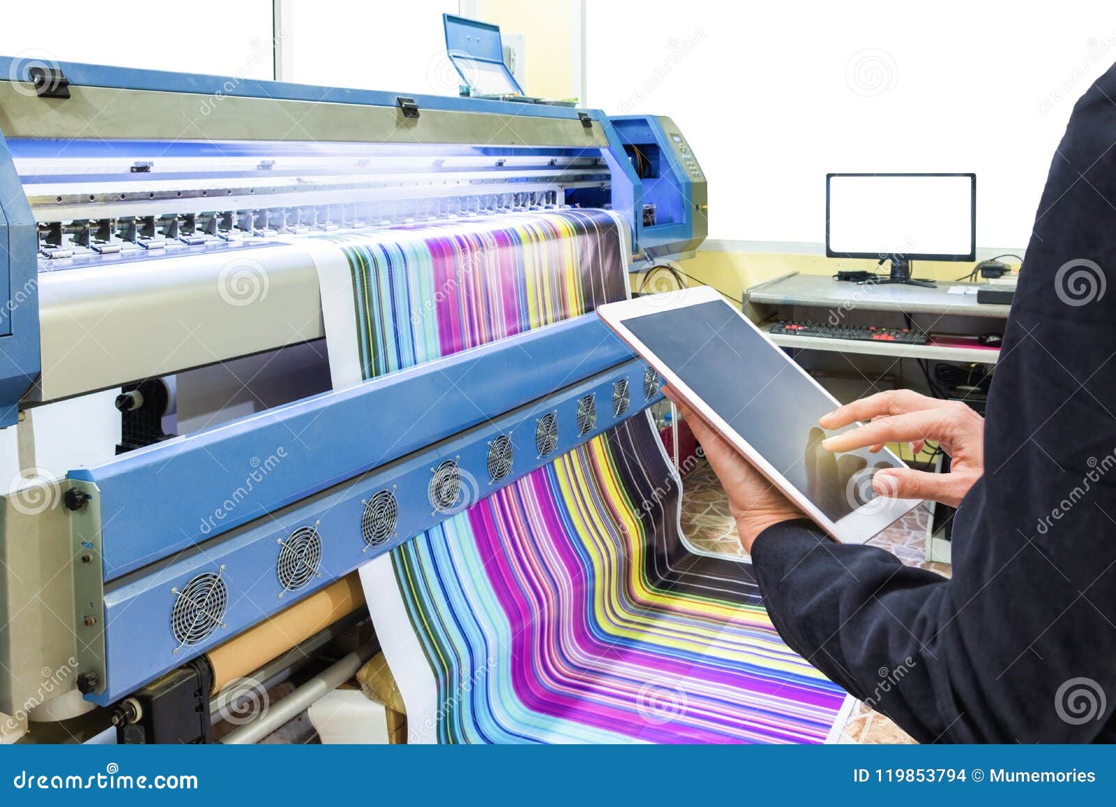 Hand Using Tablet Control with Inkjet Printer Printing Multicolor Vinyl ...