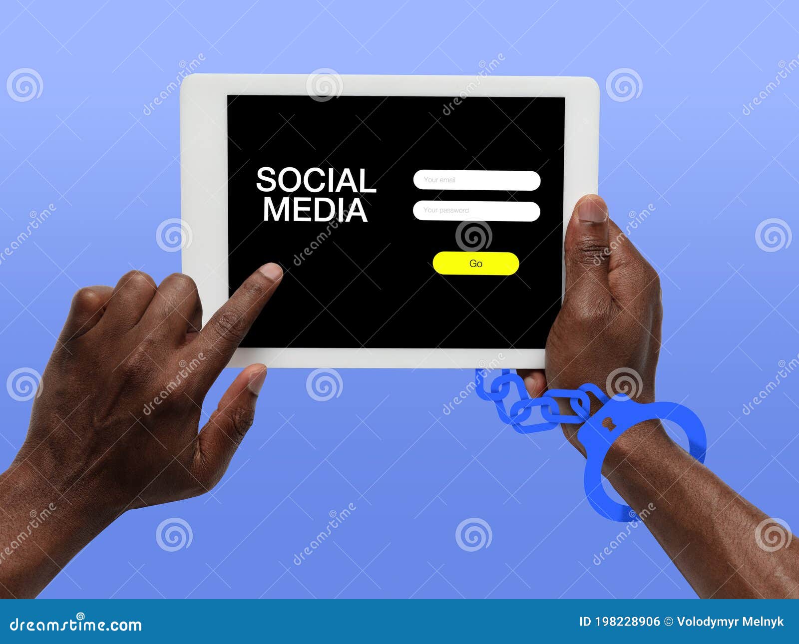 Hand Using Tablet, Device on Top View. Addicted, Wired with Chain To ...