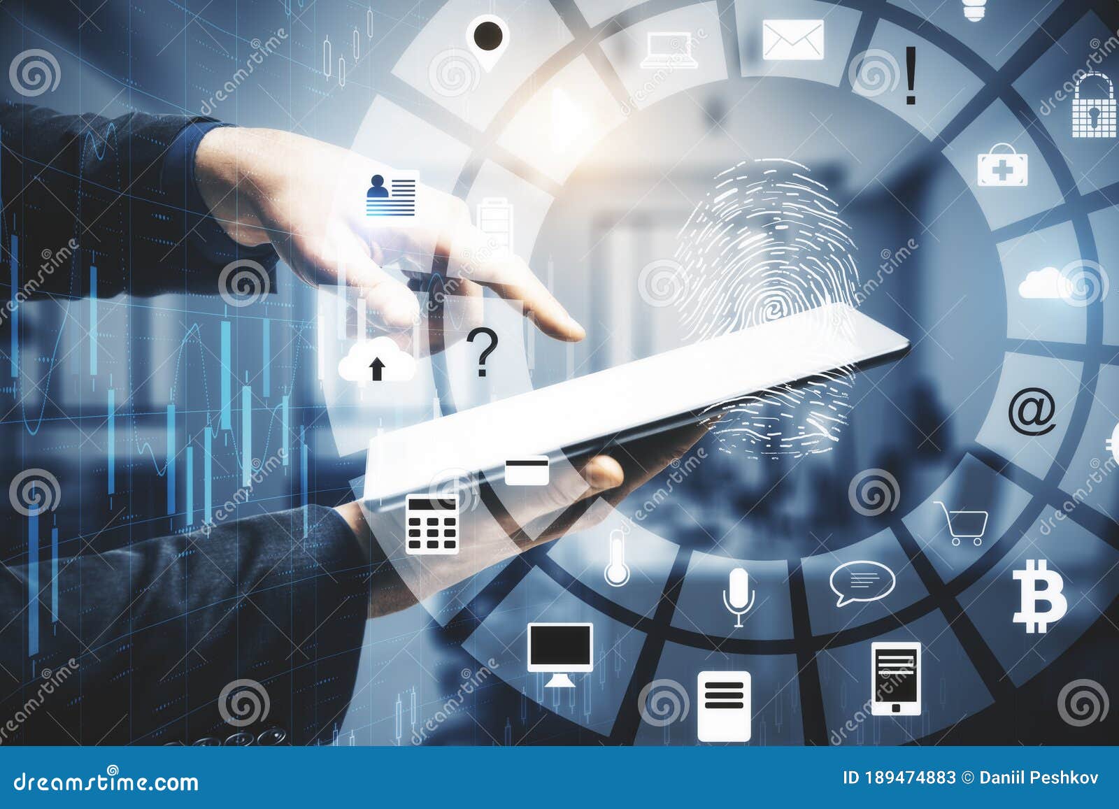 Hand Using Tablet with Glowing Finger Print Interface Stock Image ...