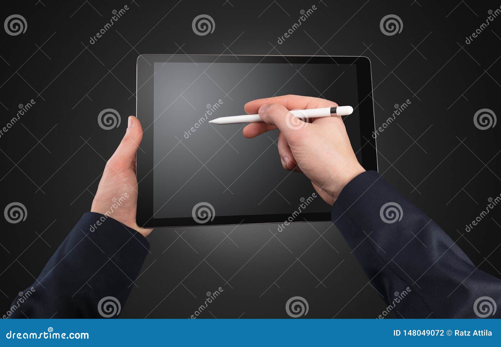 Hand Using Tablet with Copy Space Stock Photo - Image of check ...