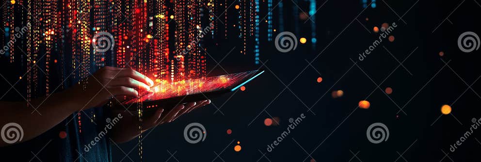 A Hand Using a Tablet with Red Digital Code Flowing from the Screen in ...