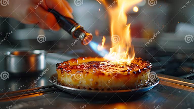 Hand Using a Torch To Caramelize a Dessert in a Kitchen. Stock Photo ...