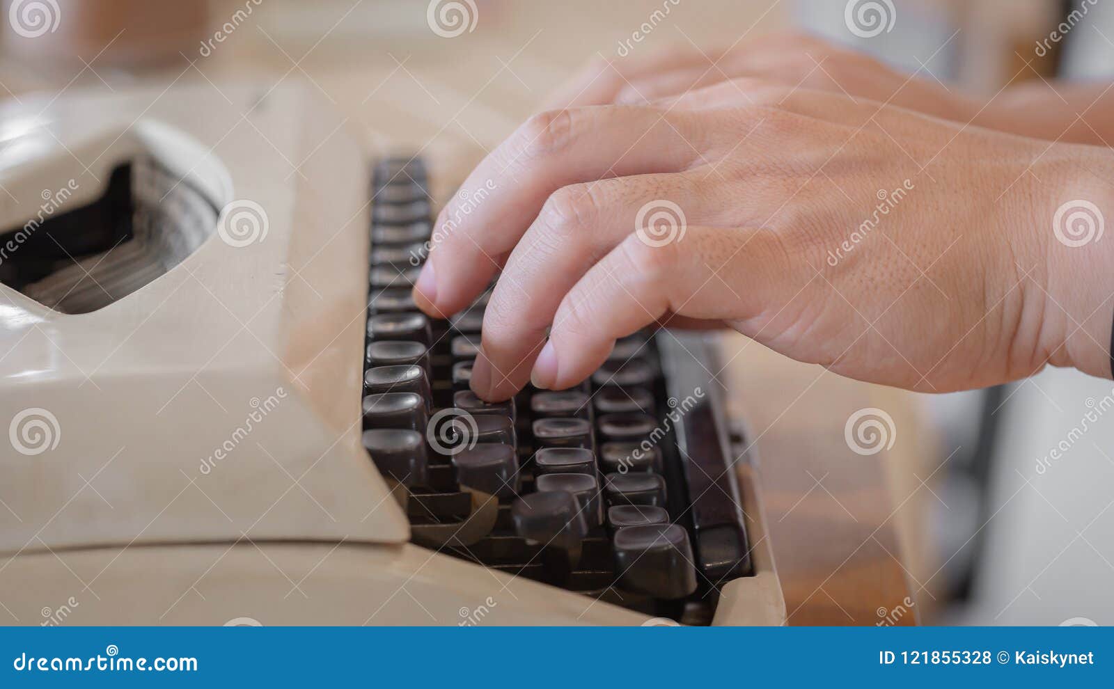 Hand is Using Vintage Typewriters on Wooden Table Stock Photo - Image ...