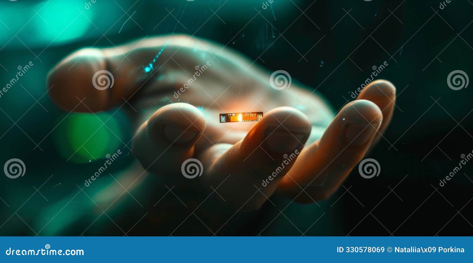 Hand with Visible Microchip Implant. Hand with Small Glowing Microchip ...