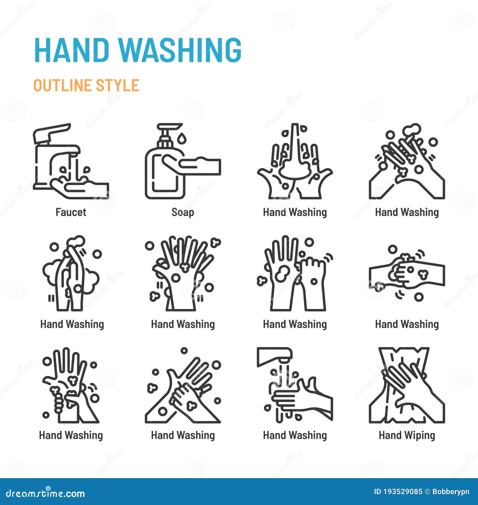 Hand Washing in Outline Icon and Symbol Set Stock Vector - Illustration ...