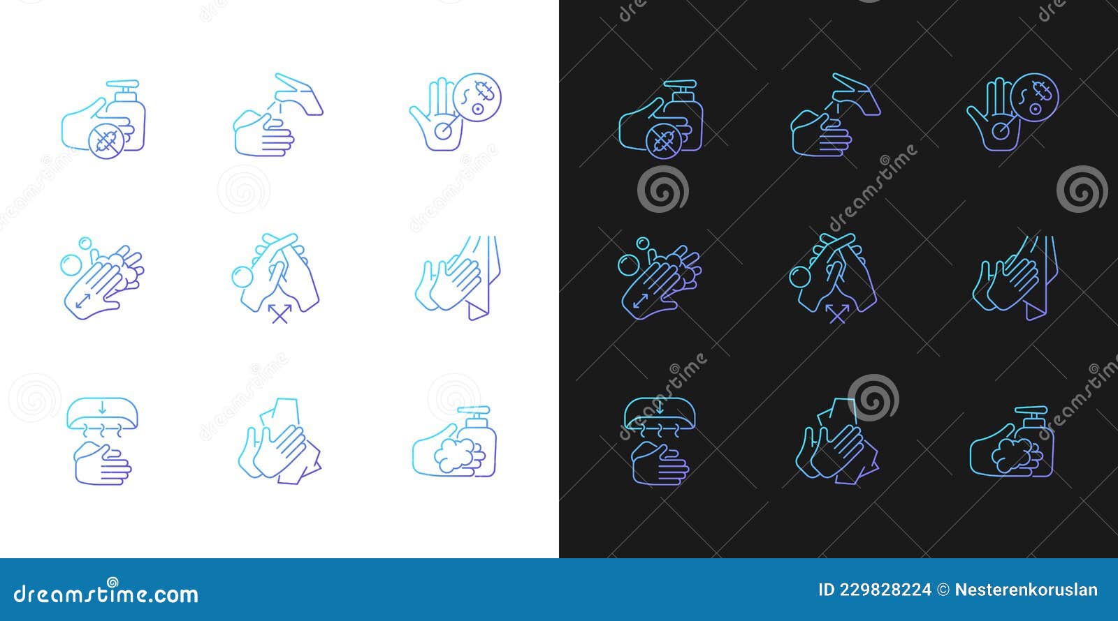 Hand Washing Steps Gradient Icons Set for Dark and Light Mode Stock ...