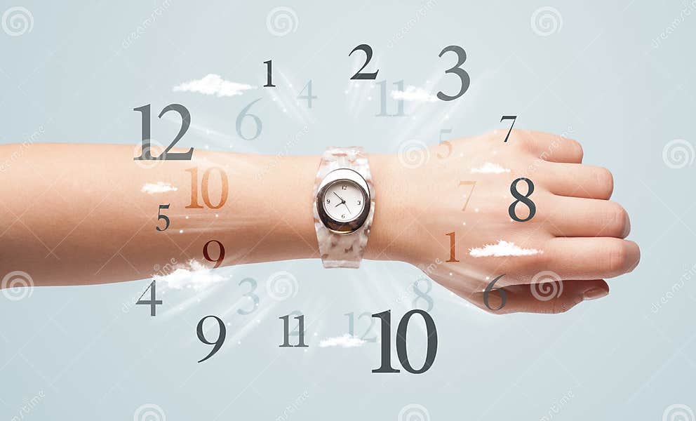 Hand with Watch and Numbers on the Side Comming Out Stock Image - Image ...