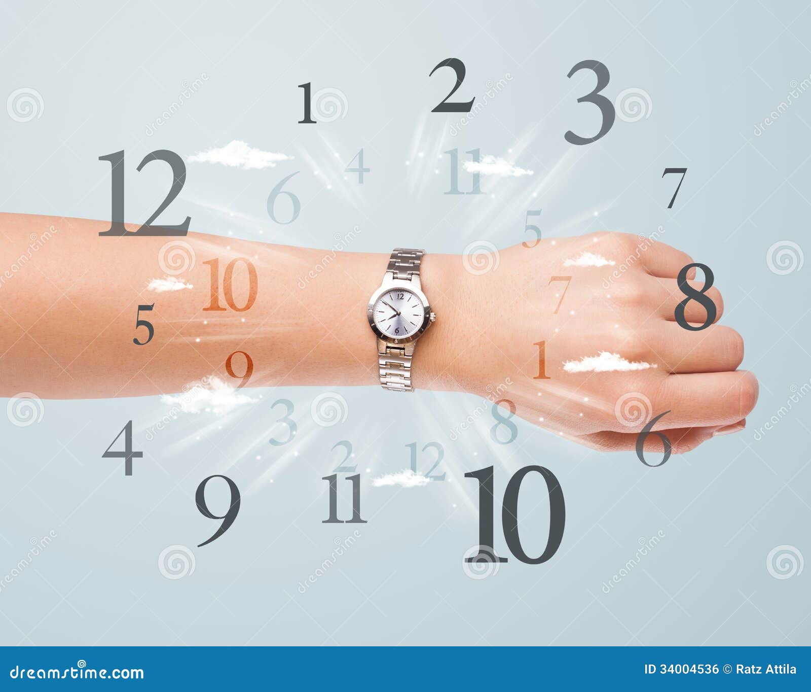 Hand with Watch and Numbers on the Side Comming Out Stock Photo - Image ...