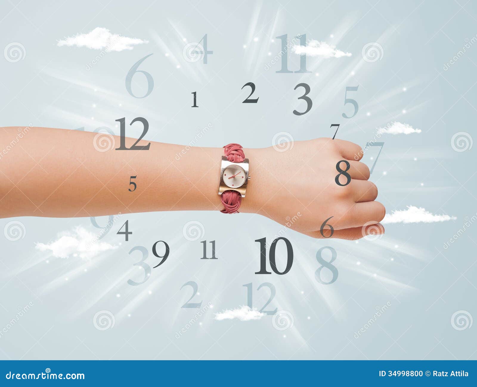 Hand with Watch and Numbers on the Side Comming Out Stock Photo - Image ...