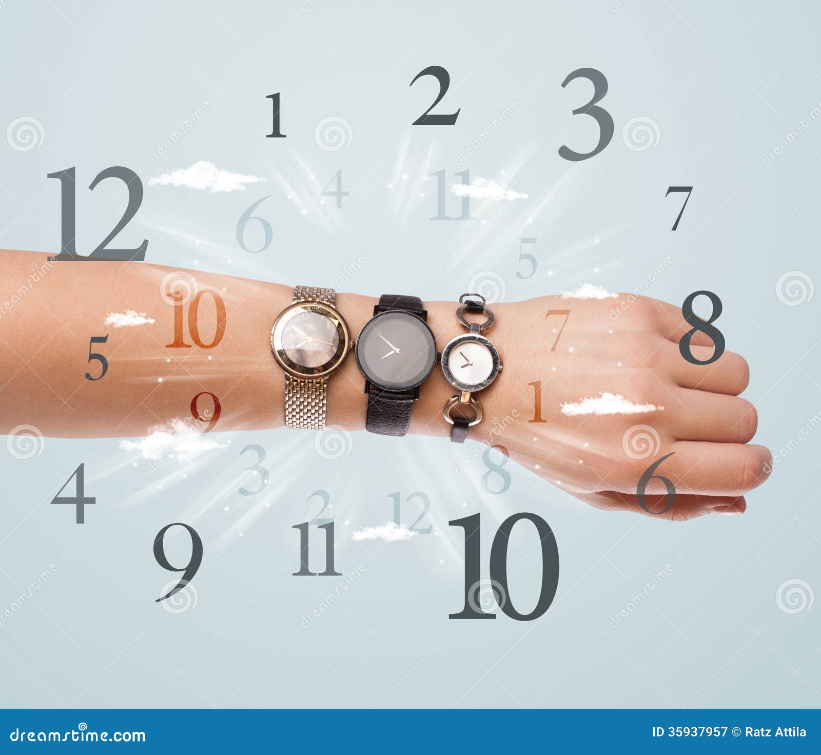 Hand with Watch and Numbers on the Side Comming Out Stock Image - Image ...
