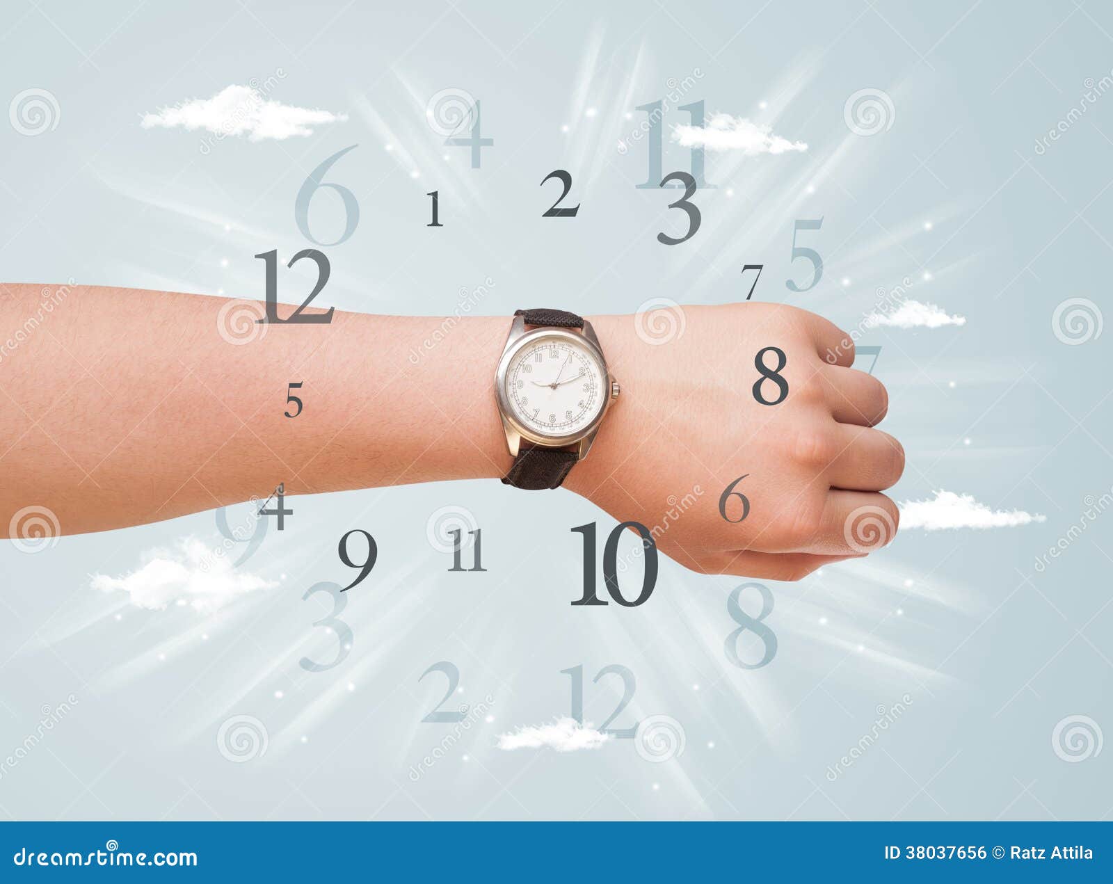 Hand with Watch and Numbers on the Side Comming Out Stock Photo - Image ...