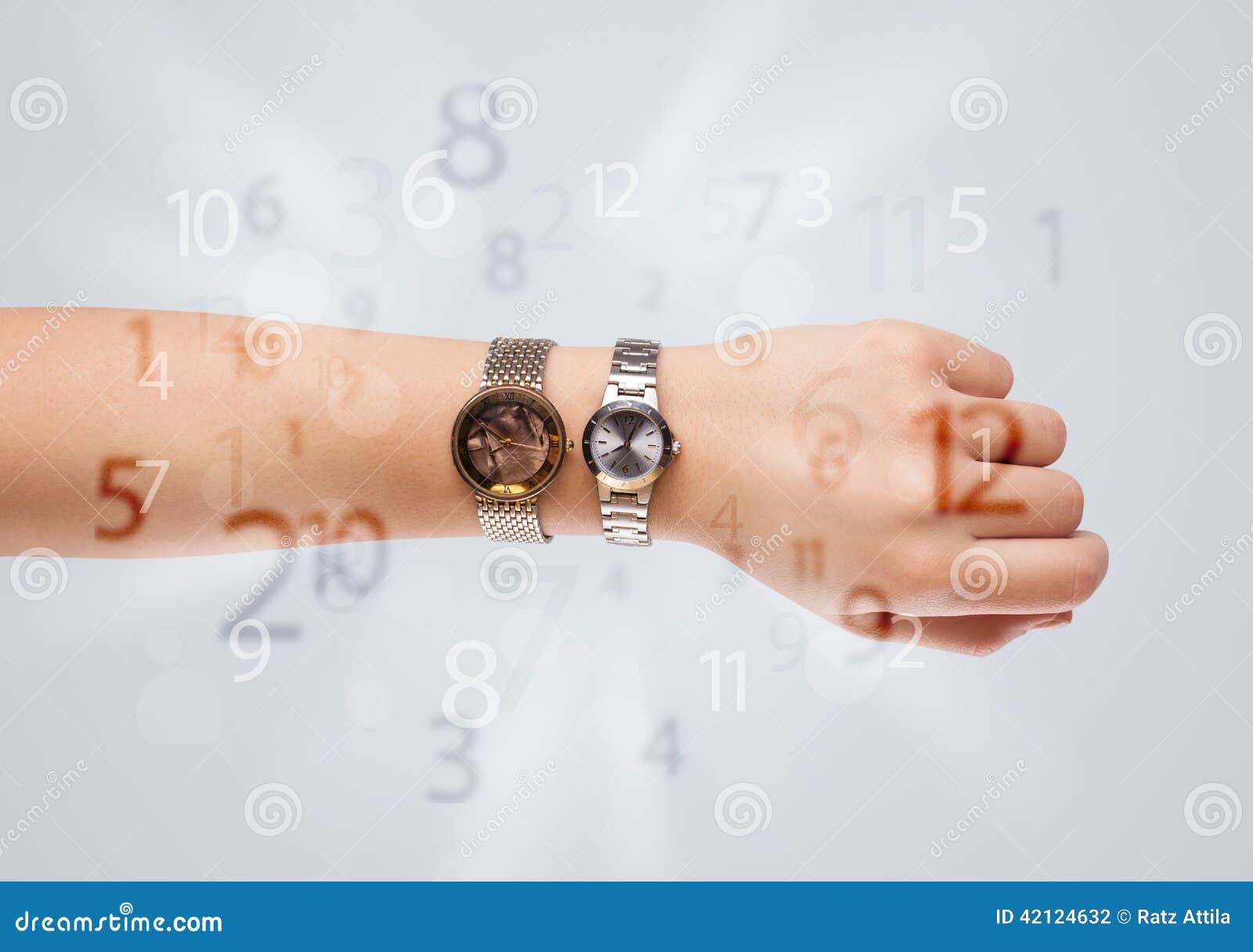 Hand with Watch and Numbers on the Side Comming Out Stock Photo - Image ...