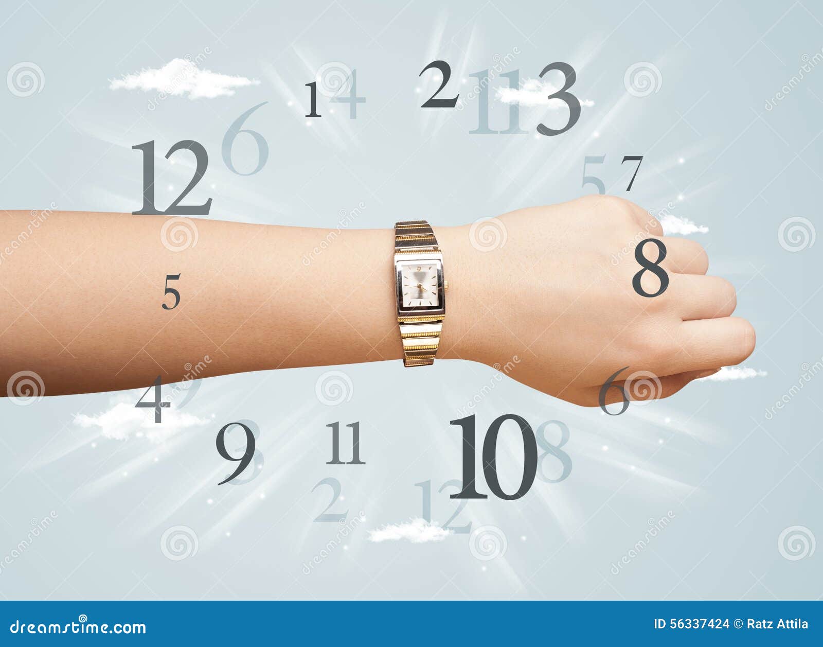 Hand with Watch and Numbers on the Side Comming Out Stock Photo - Image ...