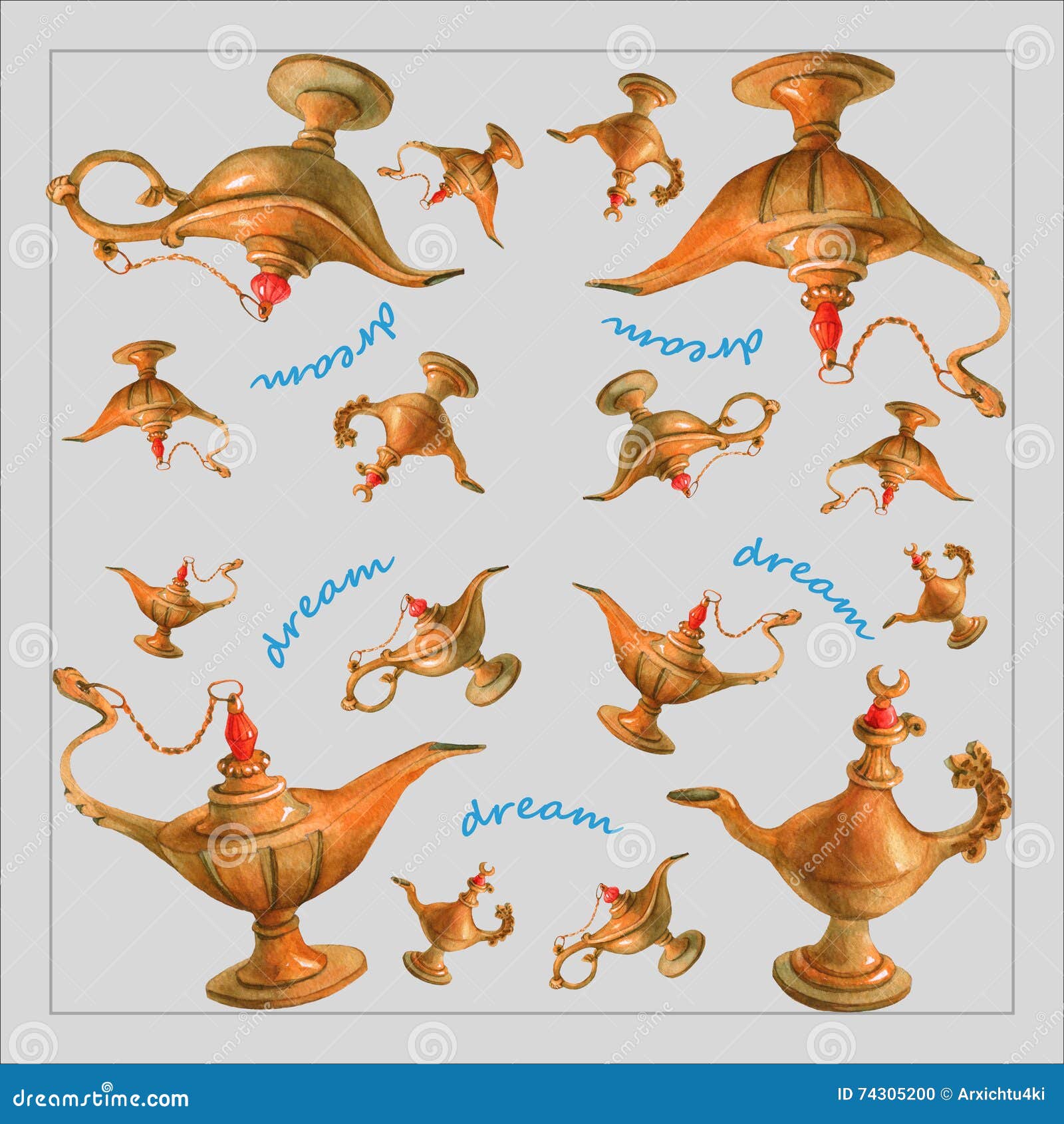 Hand Watercolor Illustration Of Magical Aladdin S Genie Lamp From The