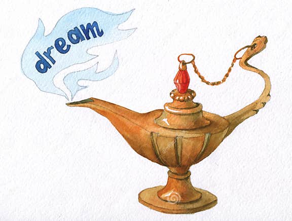 Hand Watercolor Illustration Of Magical Aladdin S Genie Lamp Stock