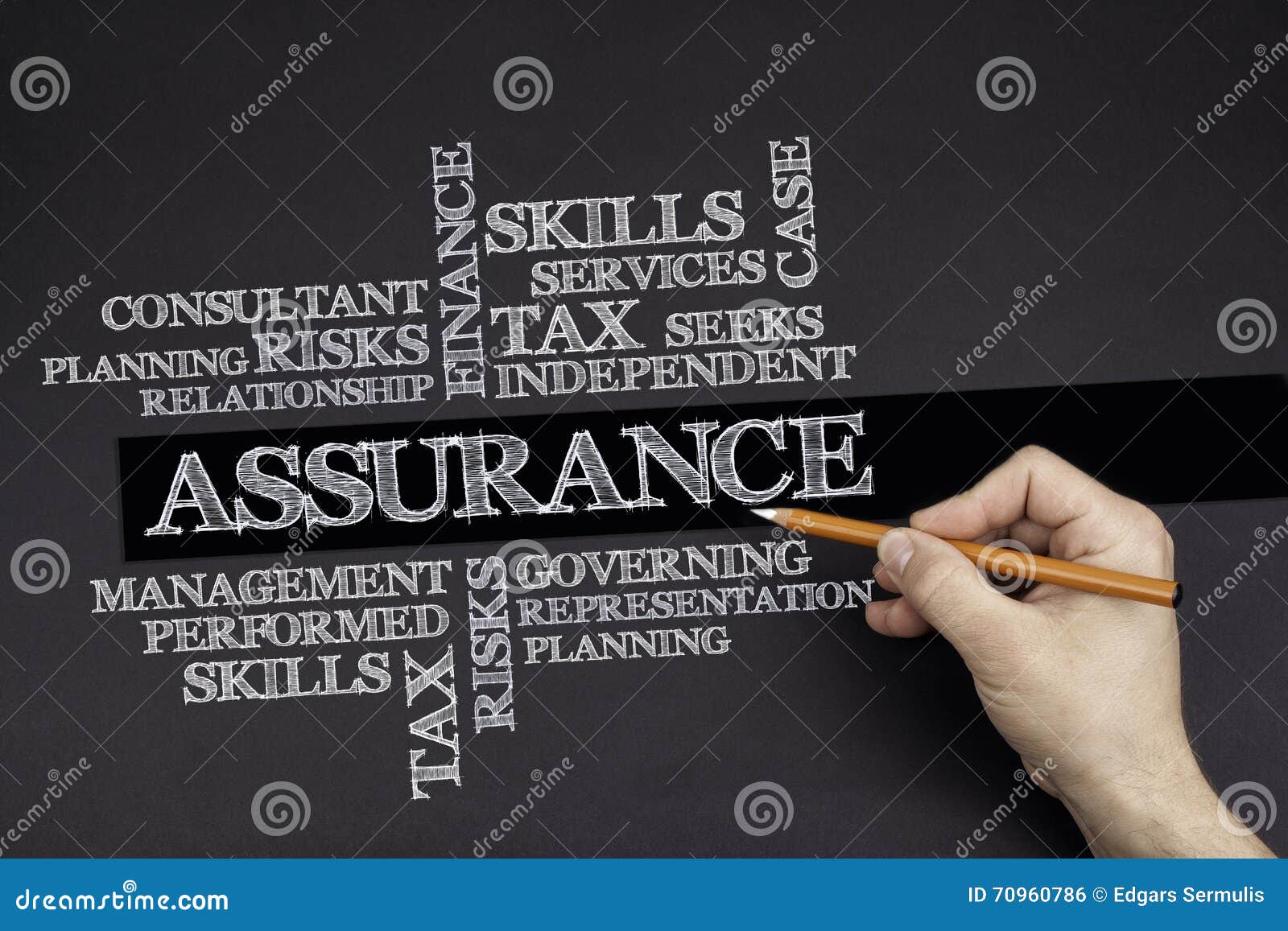 Hand with a White Pencil Writing: ASSURANCE Word Cloud Stock Photo ...