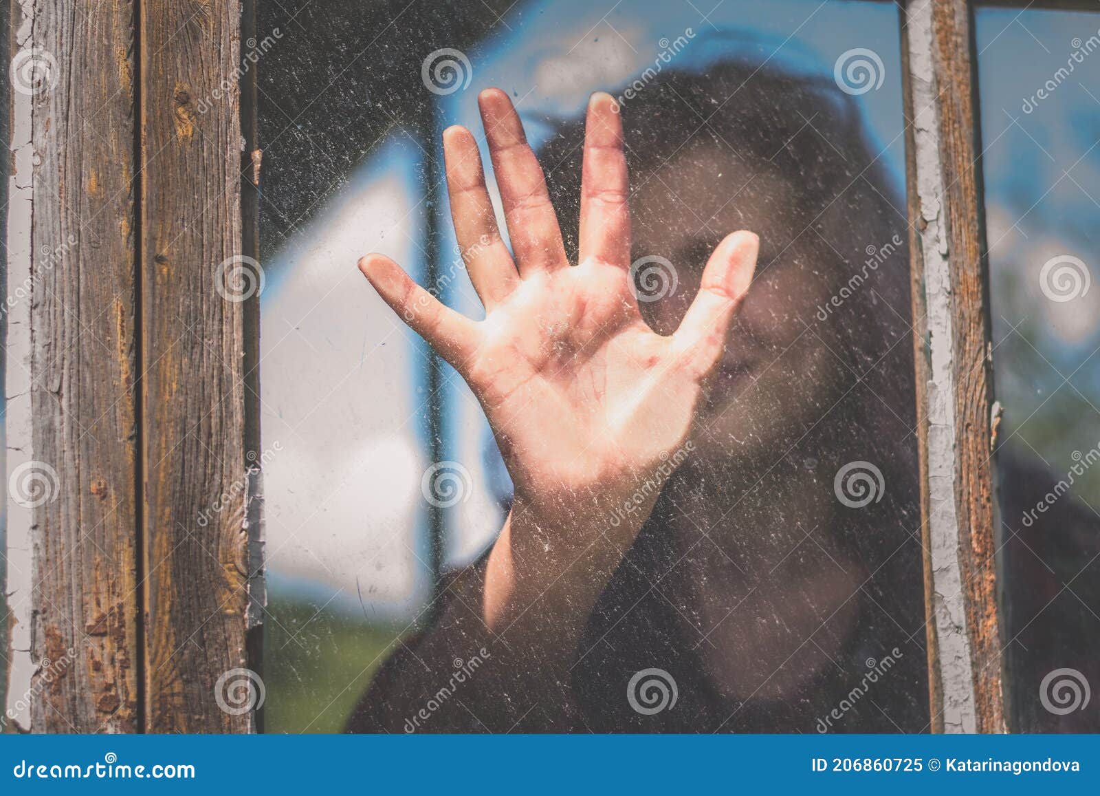 Hand on the Window Glass Table Inside Looking for Touch Stock Image ...