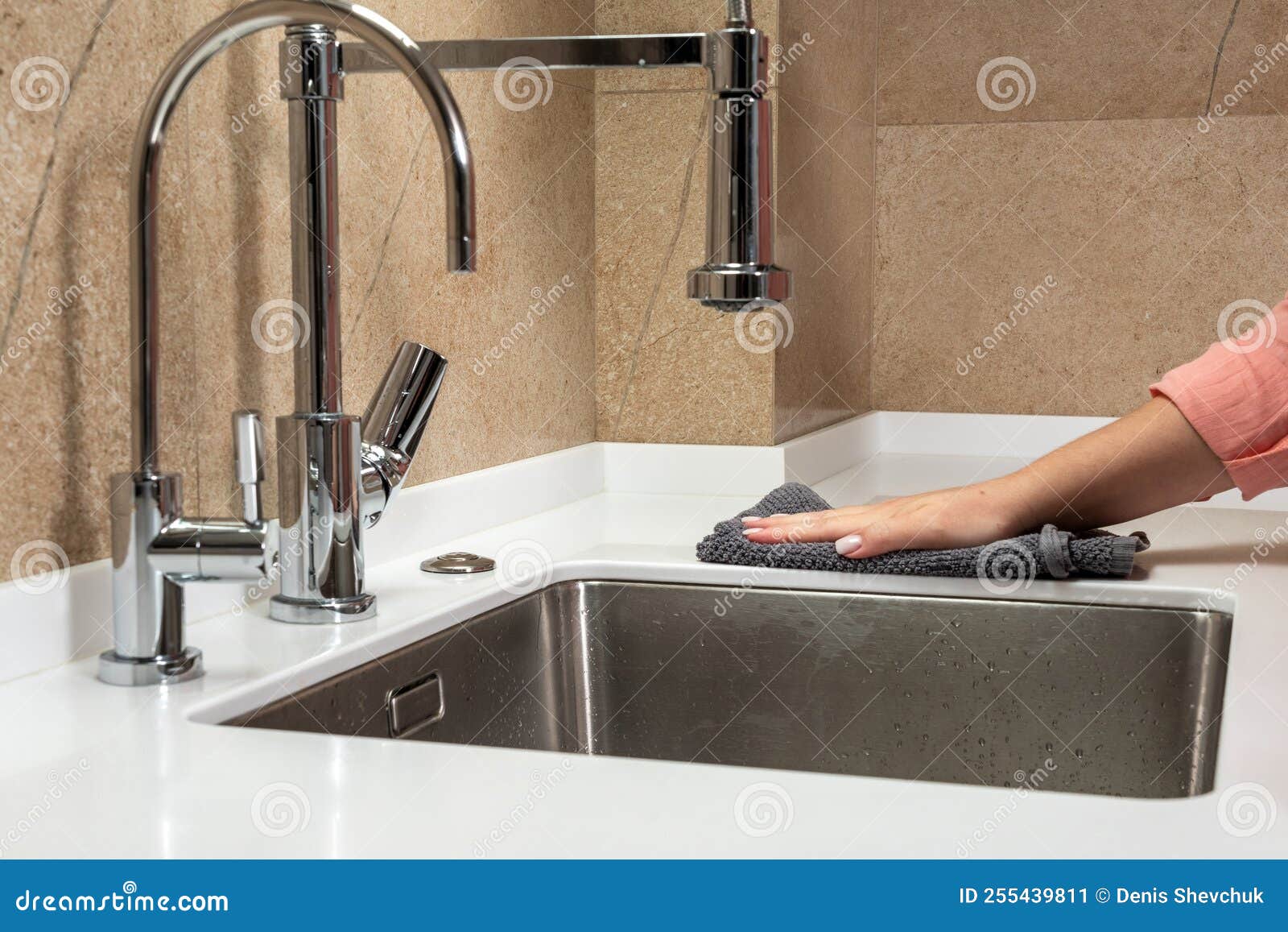 Hand Wipes the Surface of the Table in the Kitchen with a Dry Rag Stock ...