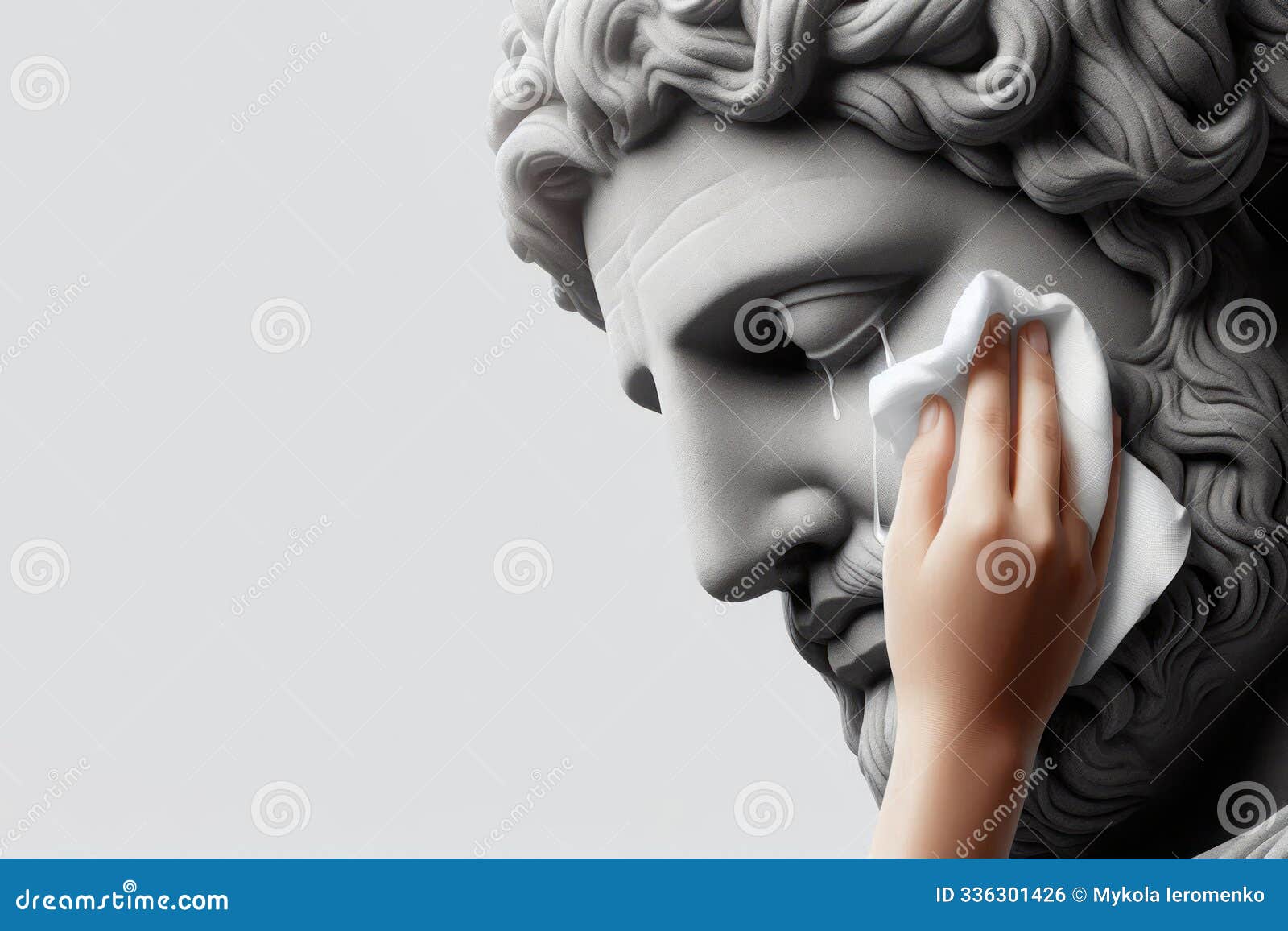 A Hand Wipes Tears from the Face of the Marble Statue. Space for Text ...
