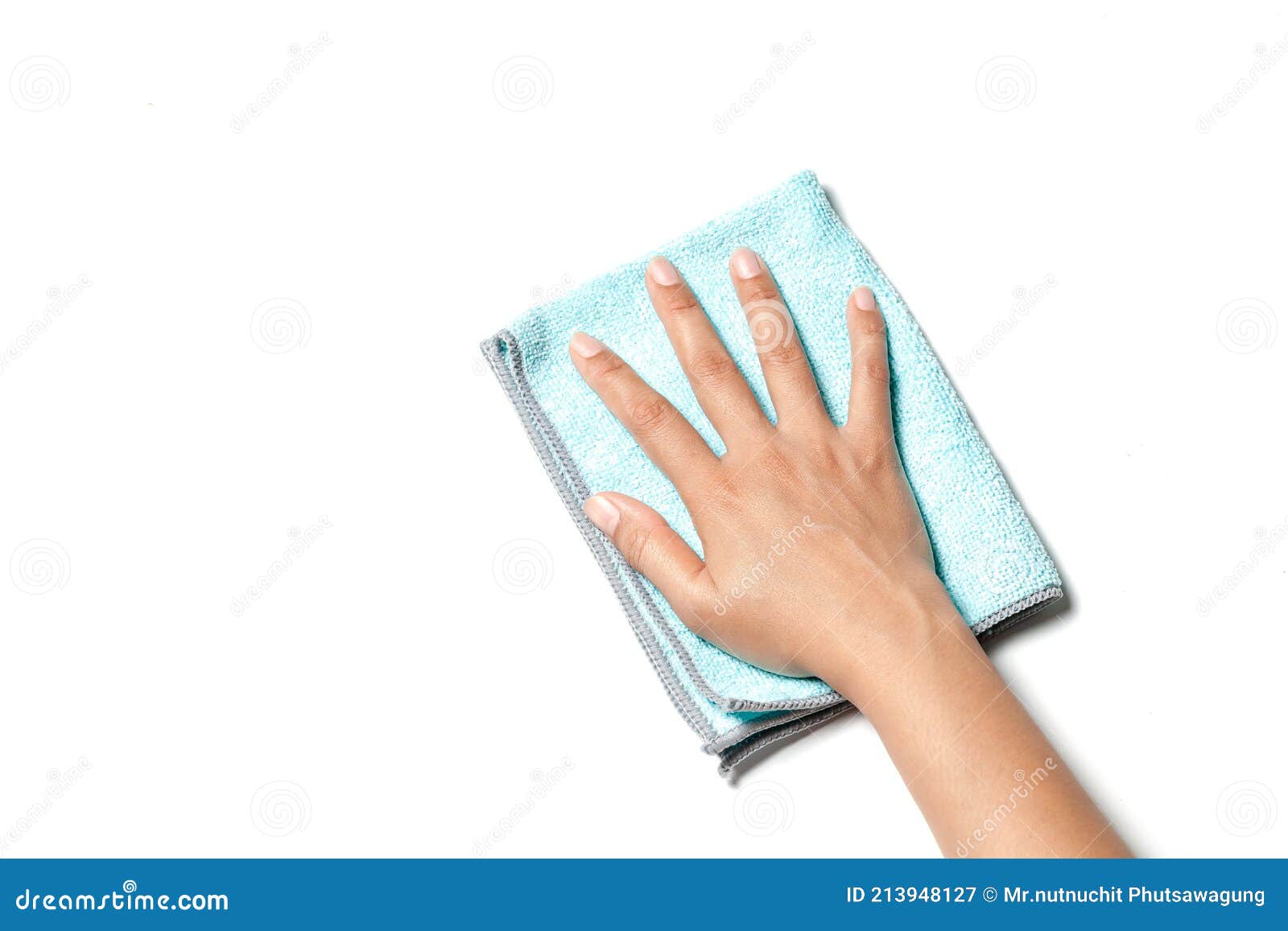 Hand Wiping Surface with Blue Rag Isolated on White Stock Image - Image ...