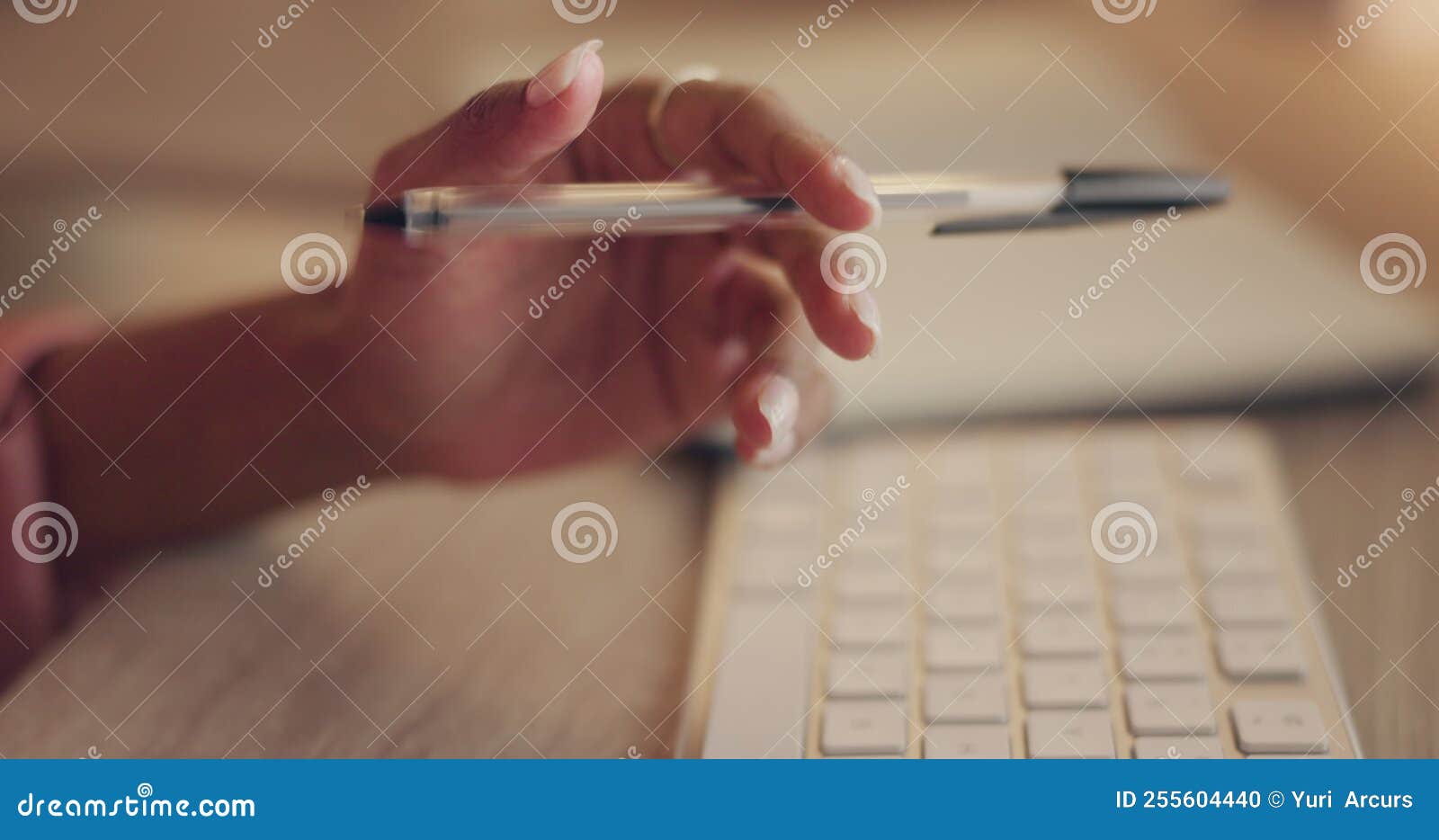 Hand of Woman with Pen, Thinking and Writing or Typing on a Keyboard ...