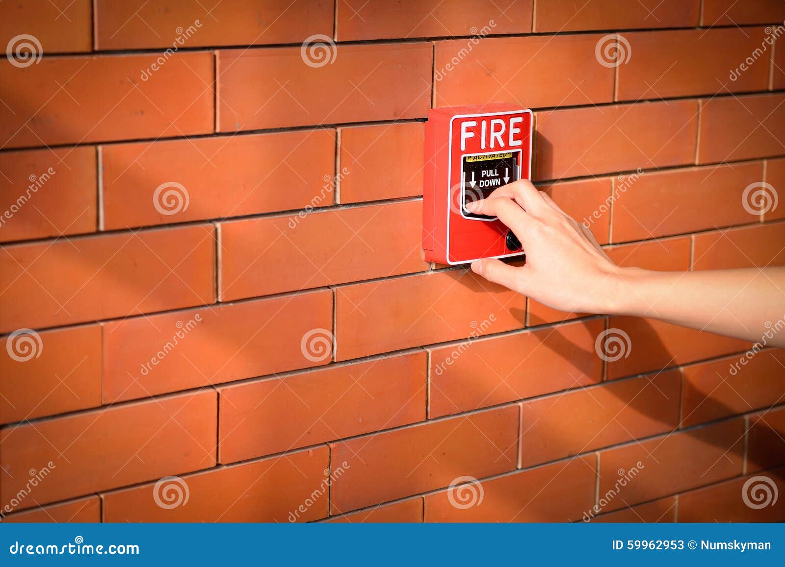 Hand of Woman is Pulling Fire Alarm on the Brick Wall Stock Image ...