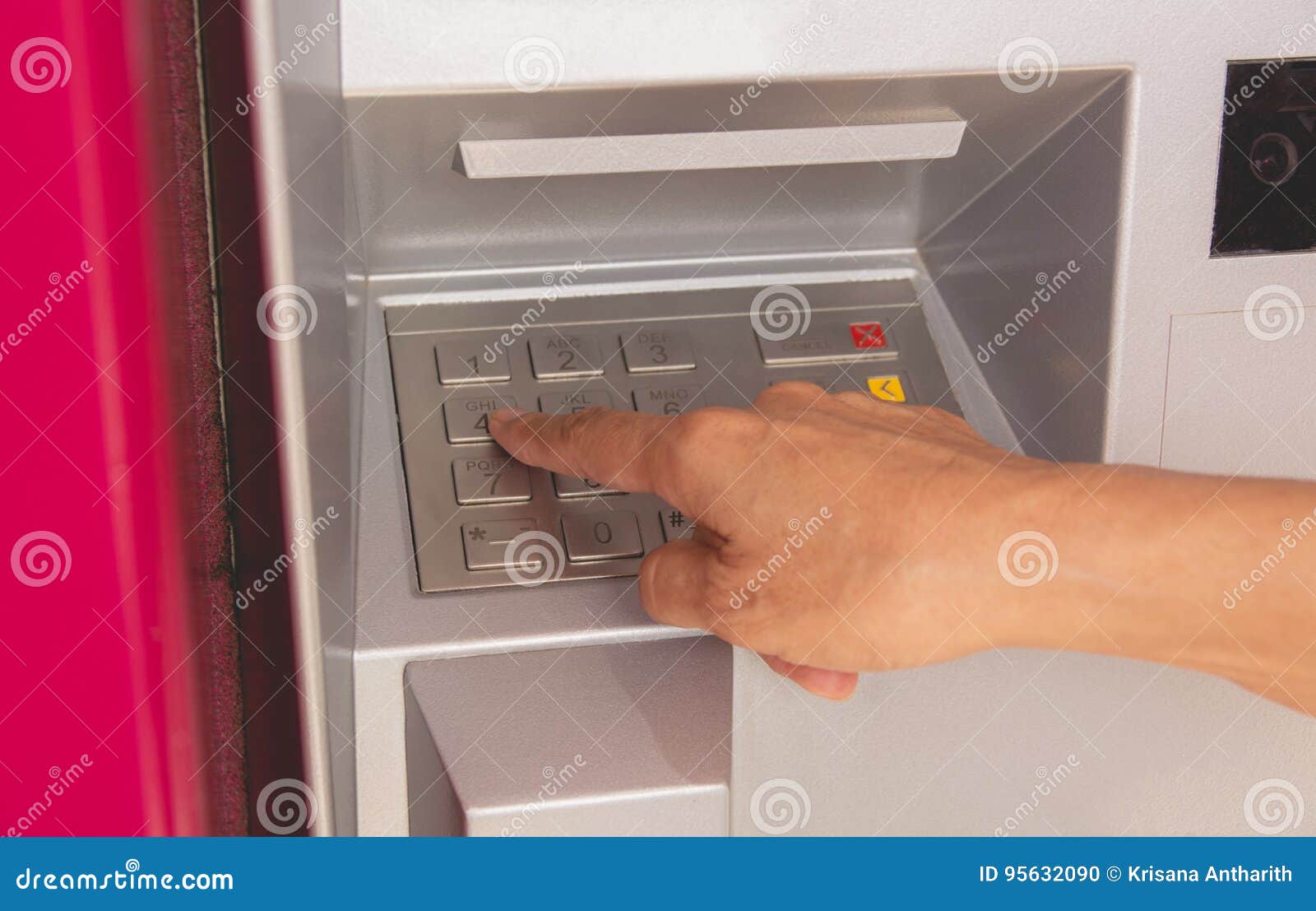 Hand of a Woman Push Button in ATM, Using an ATM. Woman Using an Stock ...