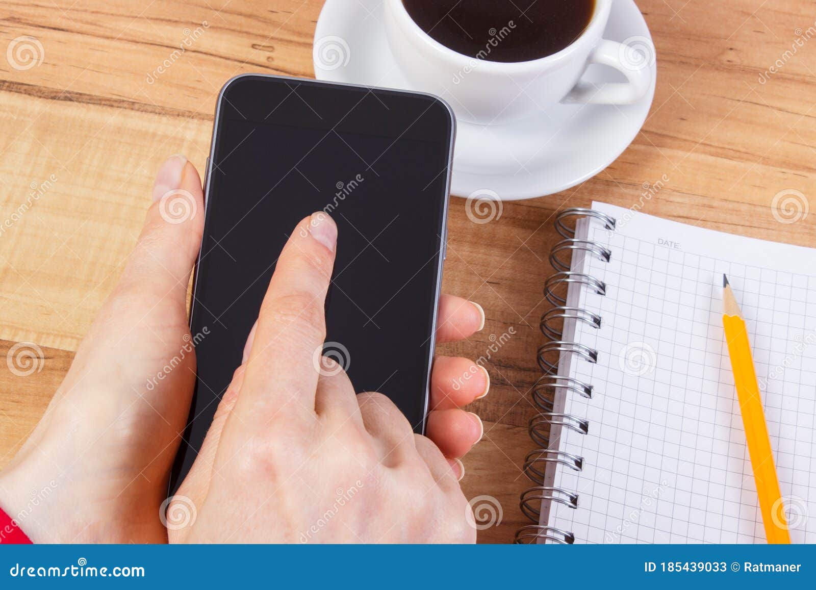 Hand of Woman Using Mobile Phone, Notepad for Writing Notes, Cup of ...