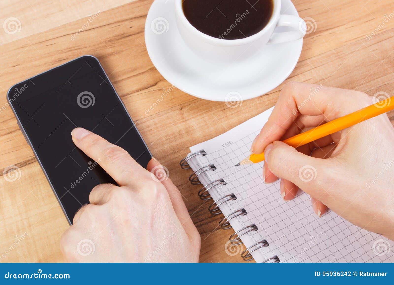 Hand of Woman Using Mobile Phone or Smartphone and Writing Notes in ...