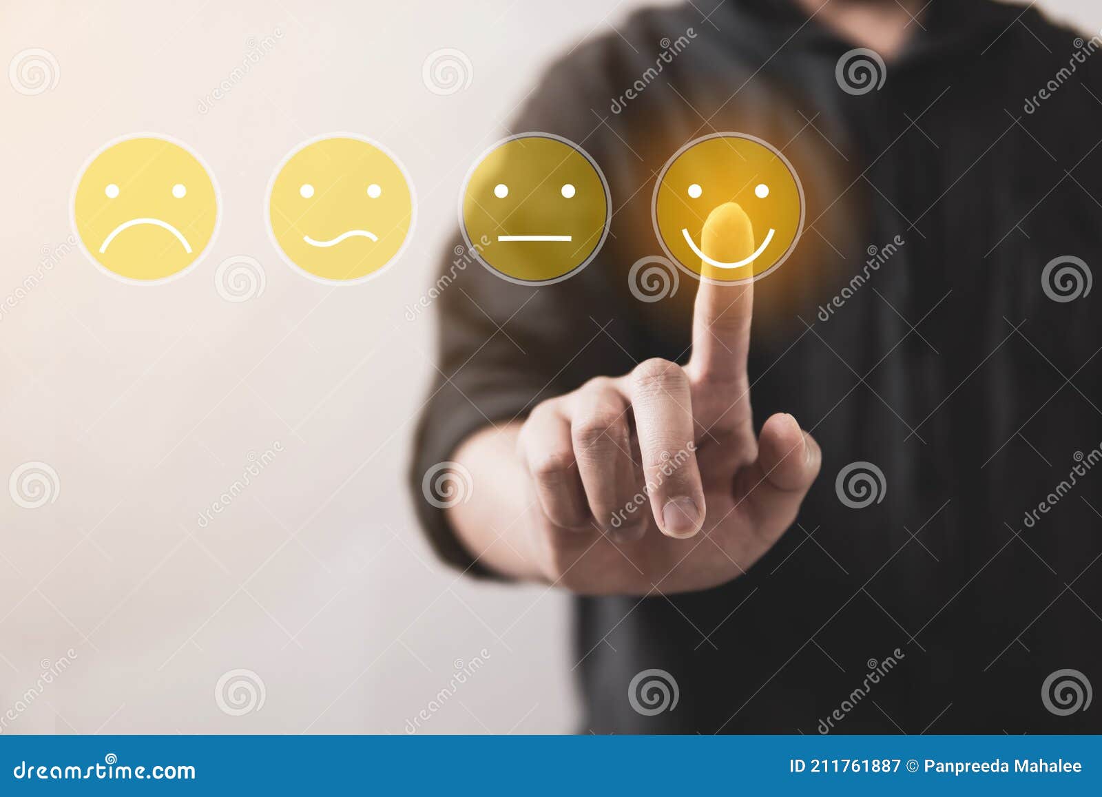 Hand Women Pressing Smile Buttons on Virtual Touch Screen, Customer ...