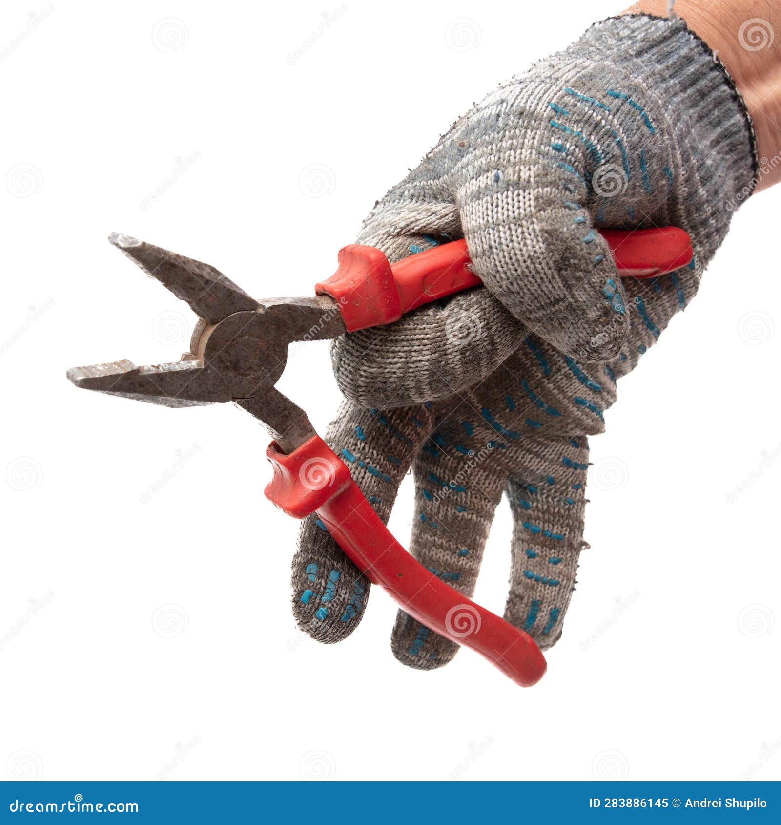 Hand in Work Glove with Pliers Isolated on a White Background Stock ...