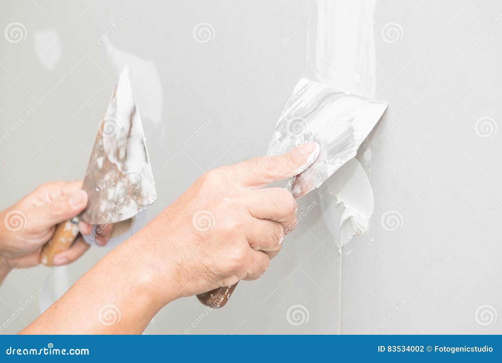 Hand of Worker with Plaster and Trowel To Gypsum Board Stock Photo ...