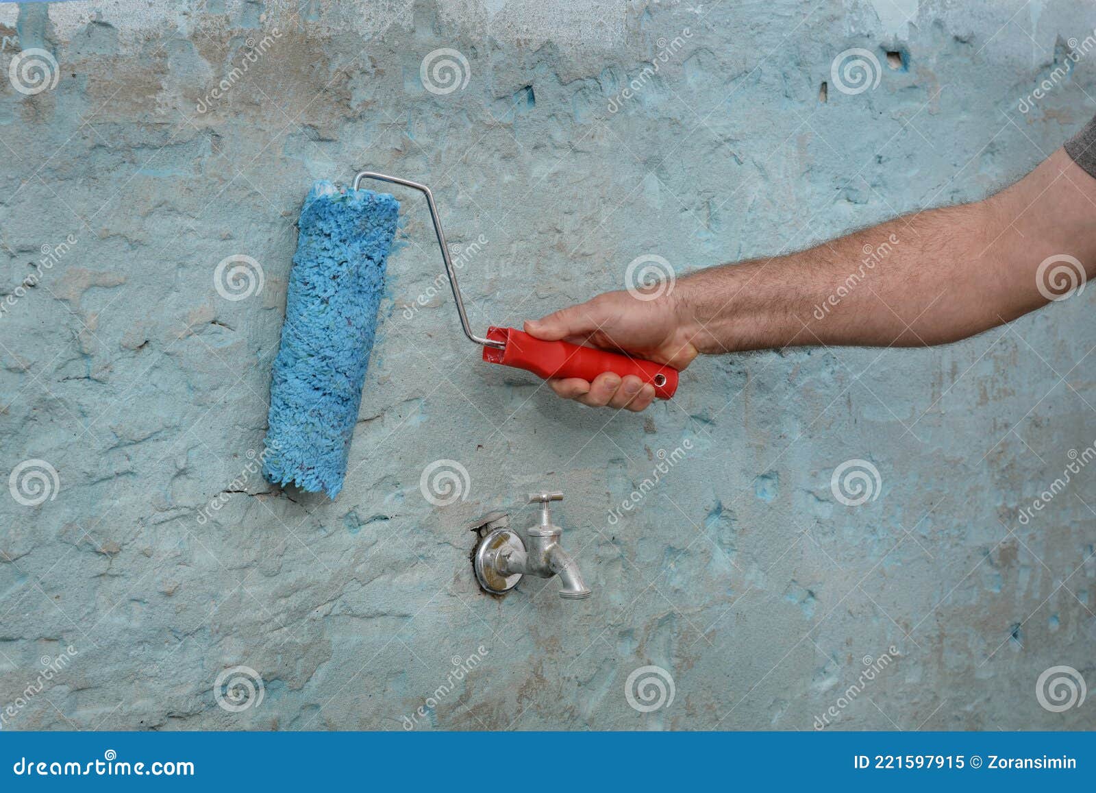 Worker Preparing Wall for Tile Gluing Stock Image - Image of ...