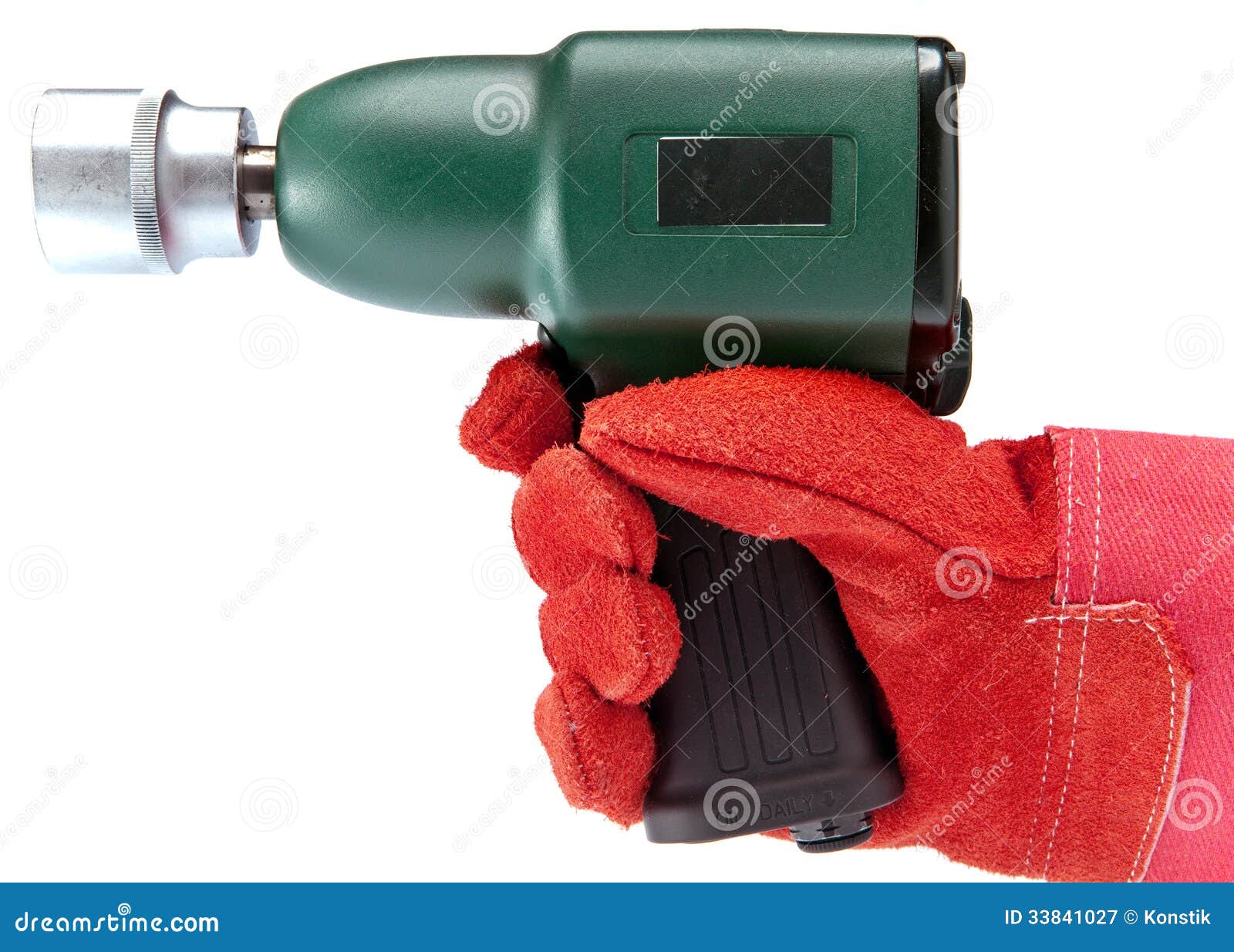 Hand in a Working Glove Holds Air Impact Wrench on a White Background ...