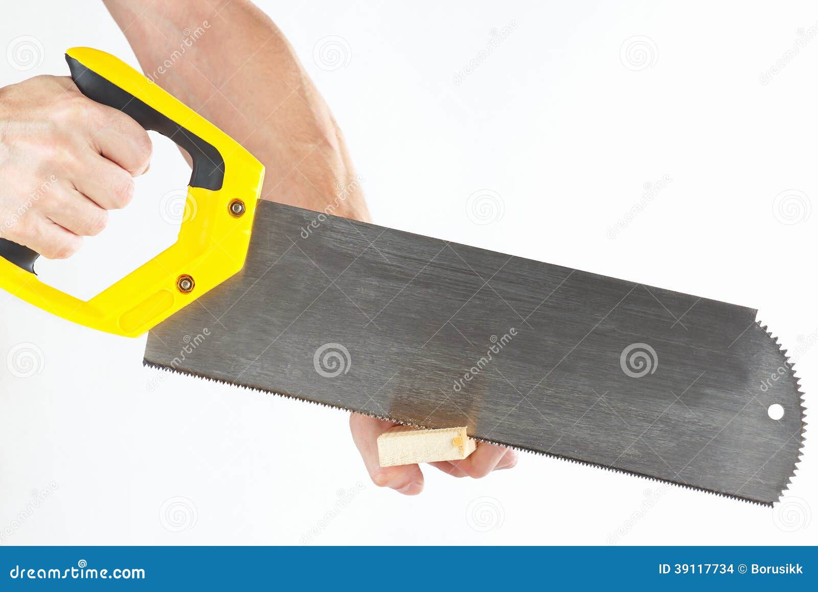 Hand of Workman Sawing Wooden Block with Hacksaw Stock Photo - Image of ...