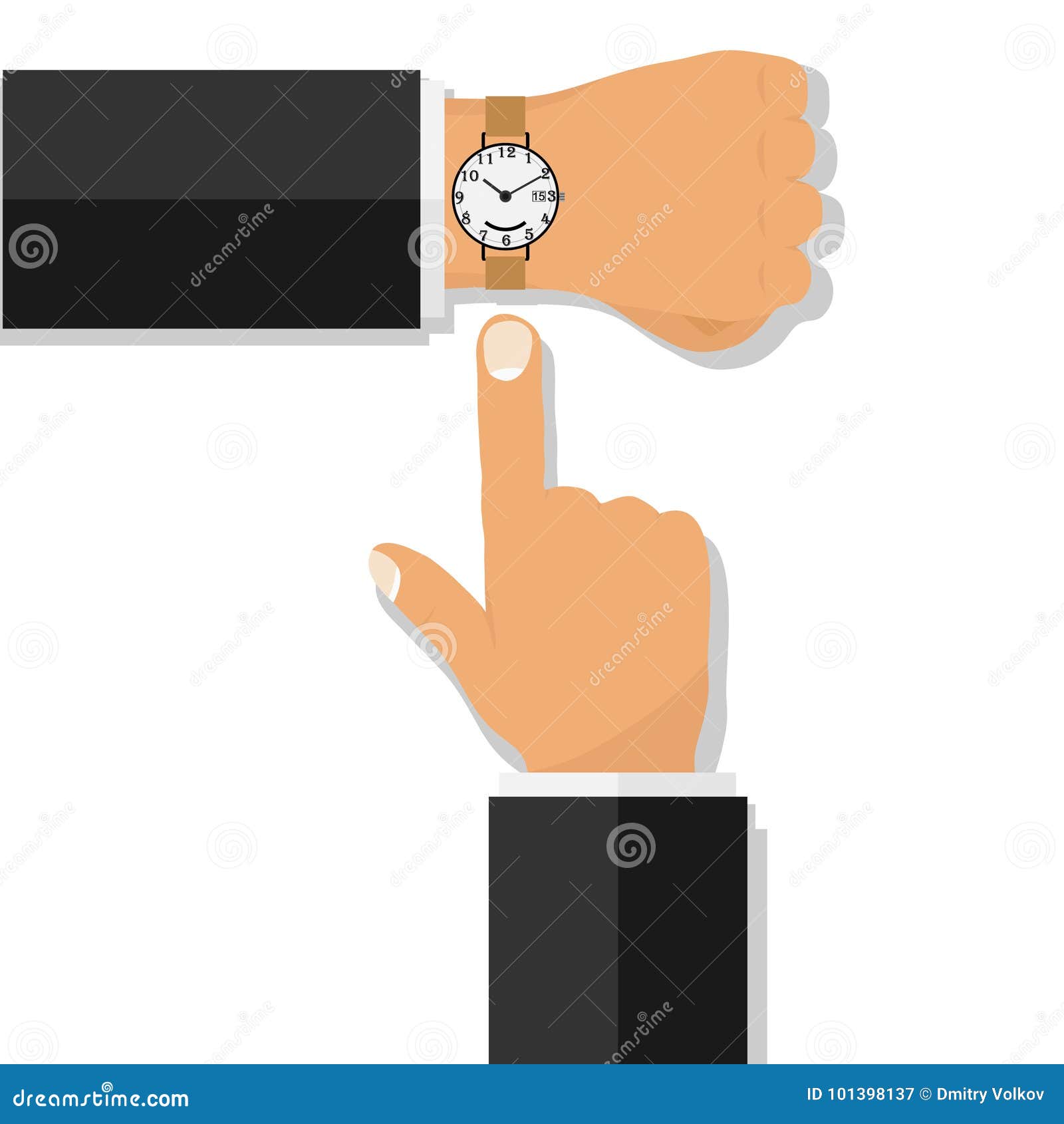 Hand with a Wristwatch. the Finger Points To the Clock Stock Vector ...